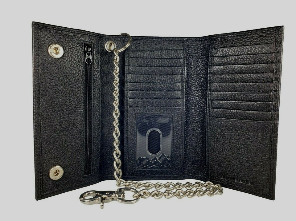 Black Leather Trifold Chain Motorcycle Biker Trucker Long Wallet With ...