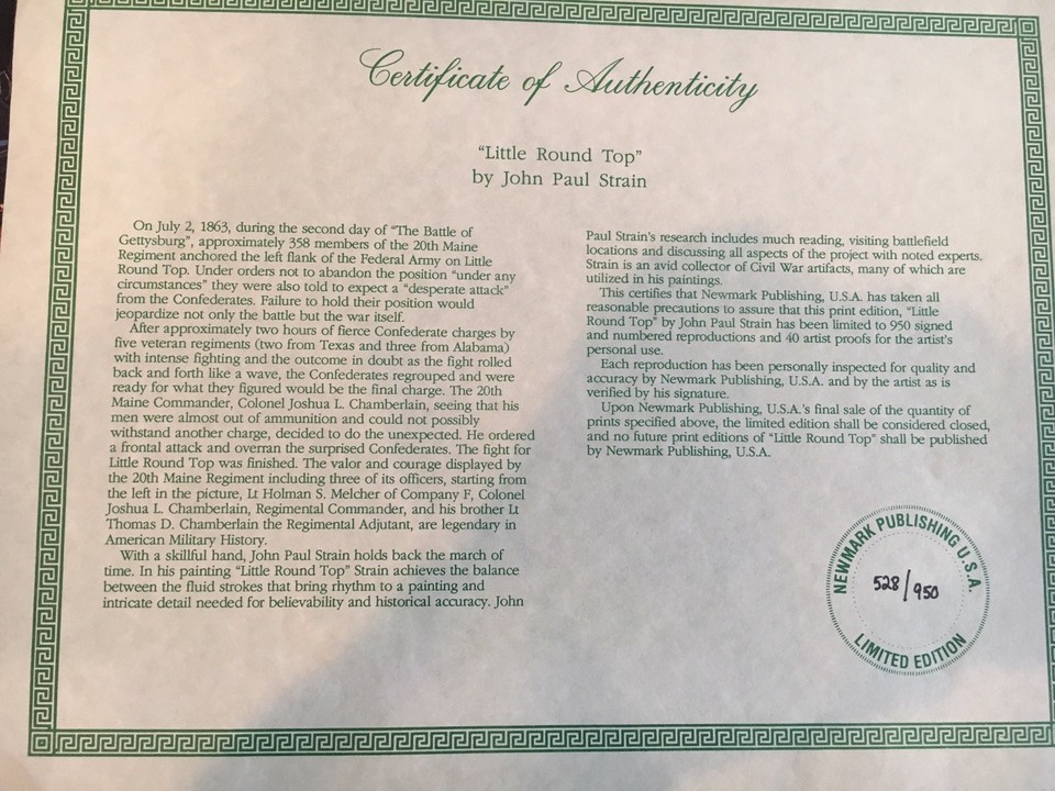 "LITTLE ROUND TOP" by John Paul Strain, Colonel J. Chamberlain, Rare ...