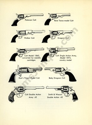 1955 Evelyn Curro Book Page Art Drawing Old West Revolvers Colt Smith ...