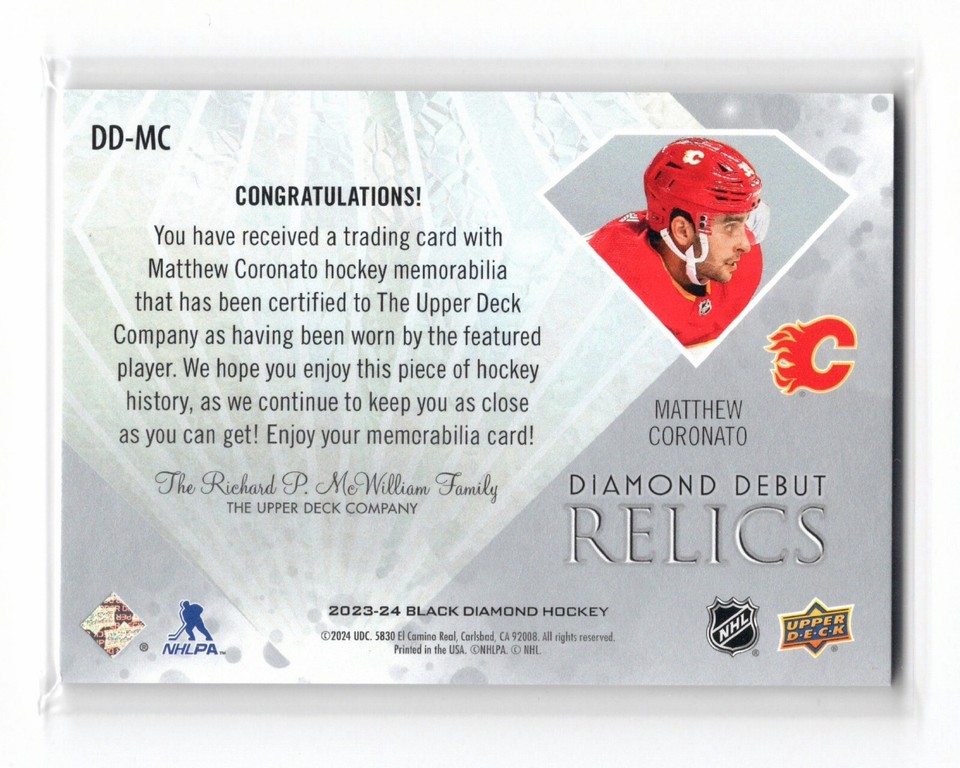 2023-24 Upper Deck Black Diamond Debut Relics Rookie Matthew Coronato ...