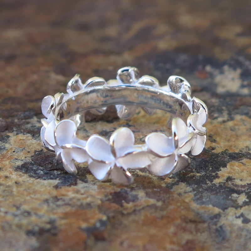 Hawaiian 925 Sterling Silver Plumeria Flower Lei Wedding Ring Band 8mm ...