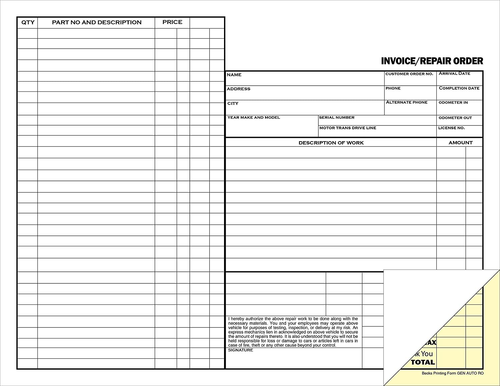 Automotive Repair Order and Invoice Receipt Form - 2 Part Carbonless ...