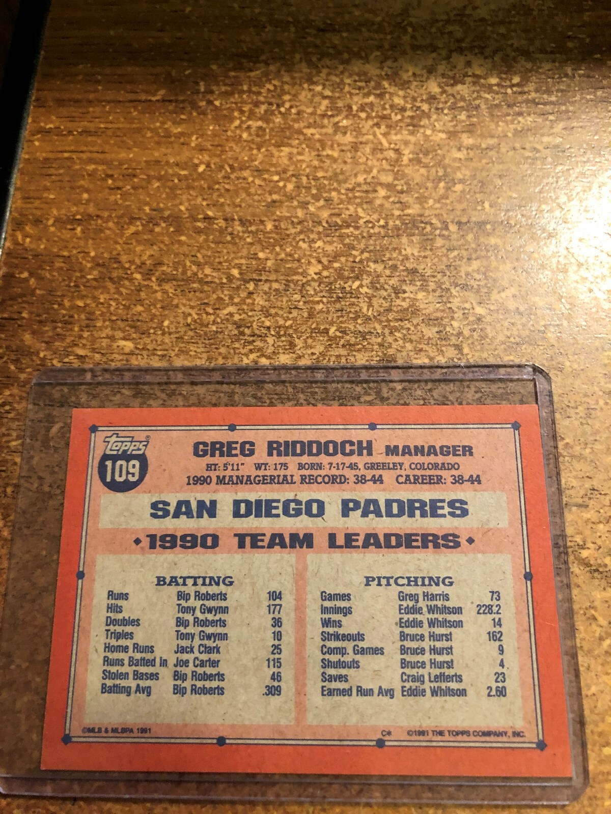 1991 Topps Baseball # 109 Greg Riddoch Padres Manager | eBay