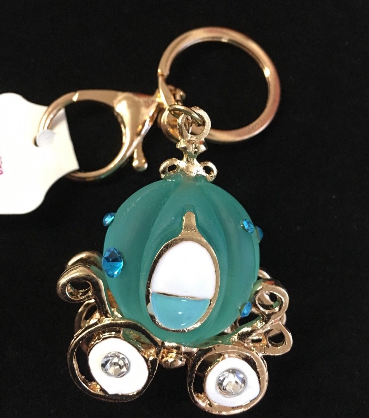 princess carriage gold tone with teal blue rhinestones keychain gift ...