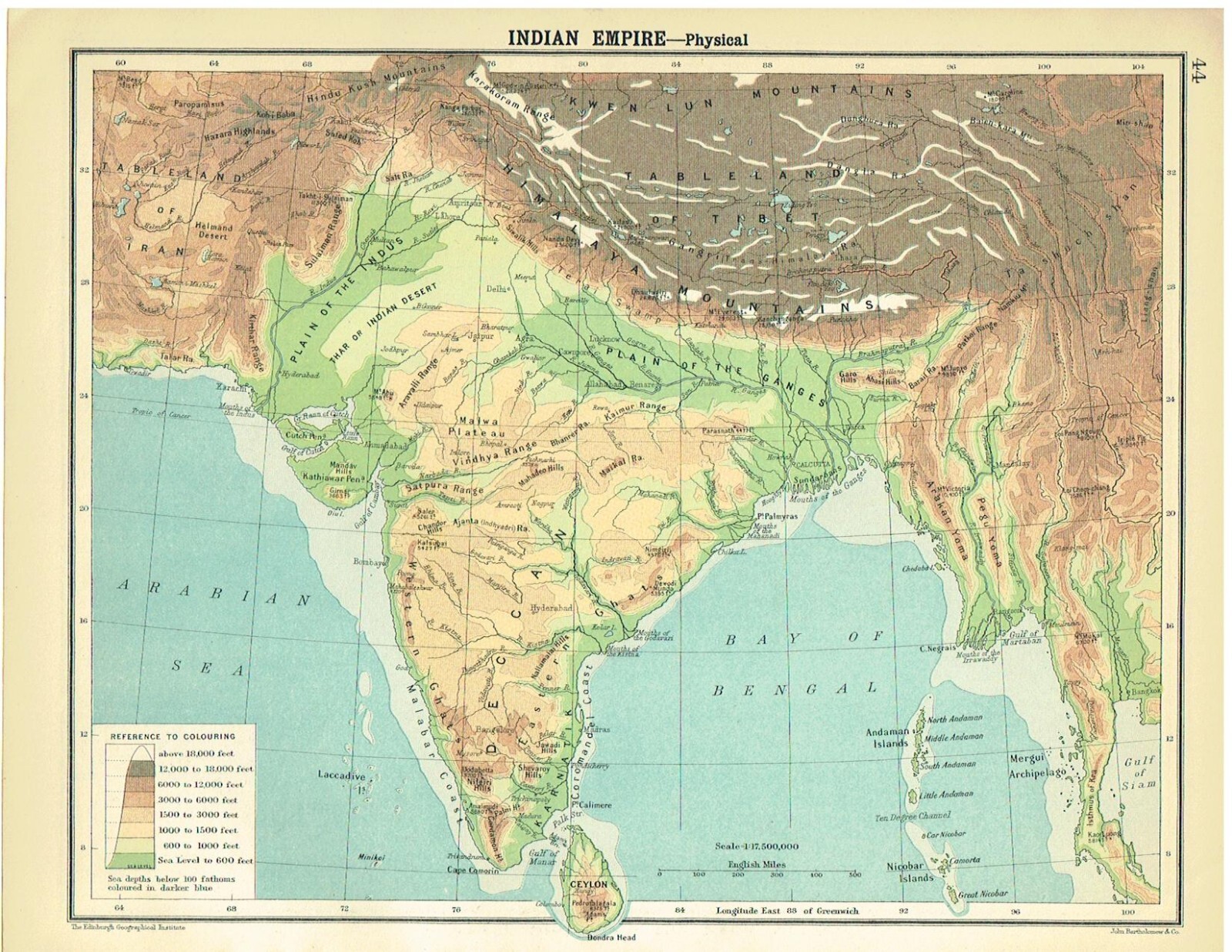 1920 Color Maps Physical Indian Empire + Farther India and the East ...