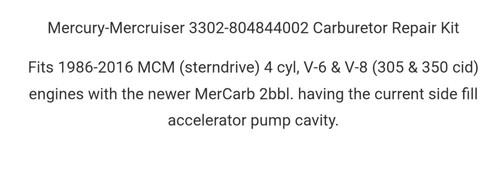 Mercury Quicksilver 3302-804844002 Carburetor Repair Kit OEM New Boat ...