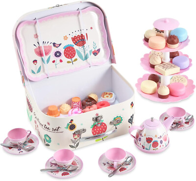 Kids Tea Party Set with Dessert Toys Pretend Play Carry Case Toy Cake ...