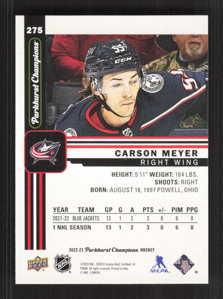 Carson Meyer RC 2022-23 Parkhurst Champions Columbus Blue Jackets #275 ...