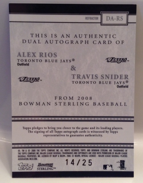 2008 Bowman Sterling Alex Rios / Travis Snider Dual Auto Black ...