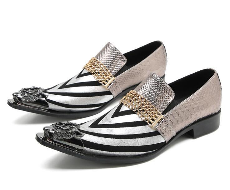 Men's Fashion Pointy Toe Metal Chain Textured Leather Shoes Youth Party ...
