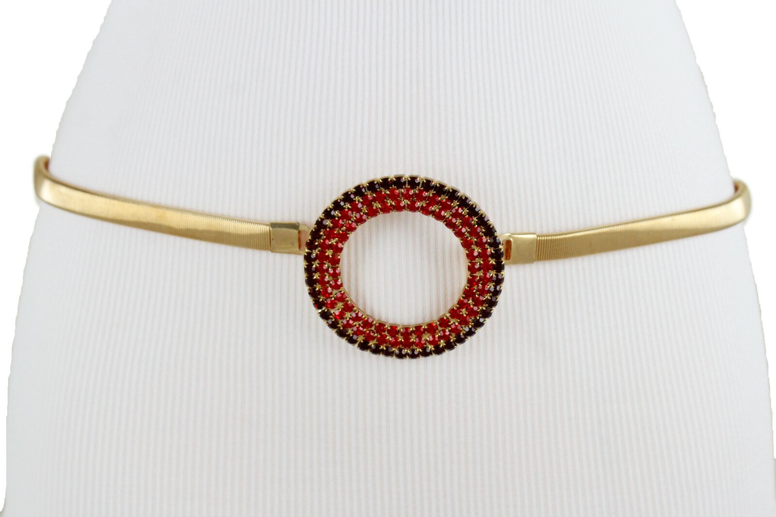 Women Fashion Belt Gold Metal Chain Stretch Waistband Red Round Buckle ...