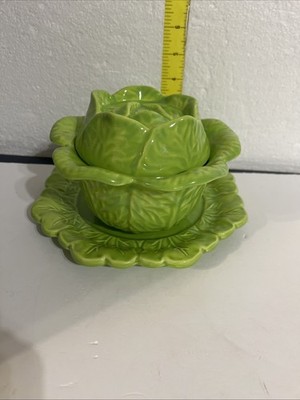 Vintage Cabbage Ceramic Tureen With Lid & Plate Set Green Leaf Dishware ...