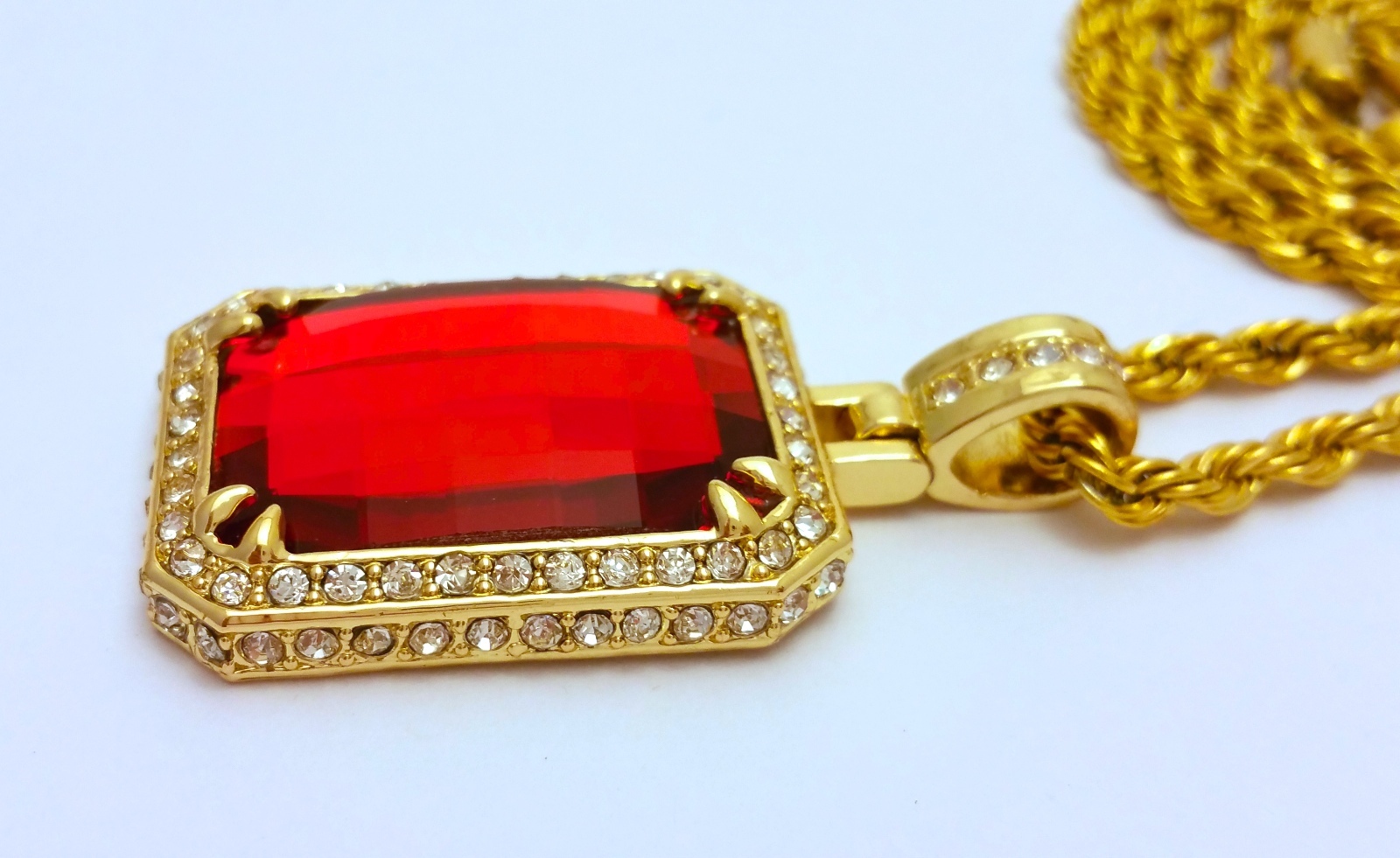 MENS HIP HOP RICH GANG HOMIE QUAN RED RUBY PENDANT ROPE CHAIN NECKLACE ...