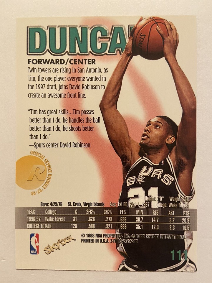 TIM DUNCAN 1997-98 Skybox Z-Force #111 Rookie San Antonio Spurs RC A | eBay