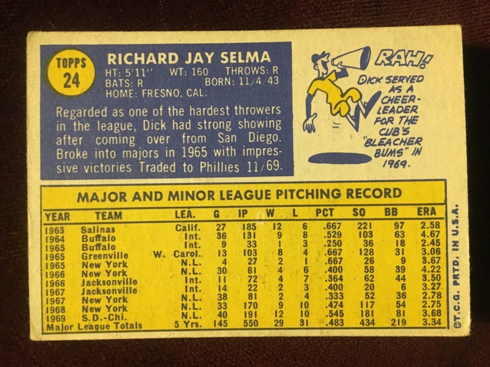 1970 Topps #24 Phillies Dick Selma Baseball Card b | eBay