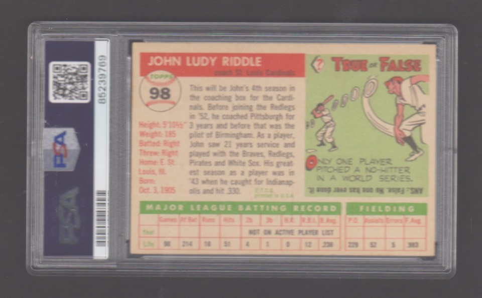 1955 TOPPS #98 JOHNNY RIDDLE St. LOUIS CARDINALS PSA 4 | eBay