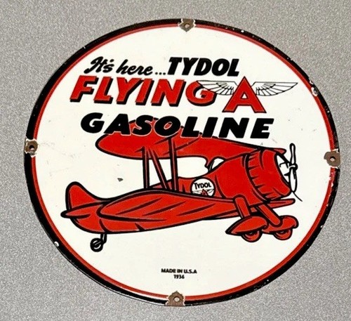 VINTAGE 12” 1936 TYDOL FLYING A PORCELAIN SIGN CAR GAS TRUCK OIL ...