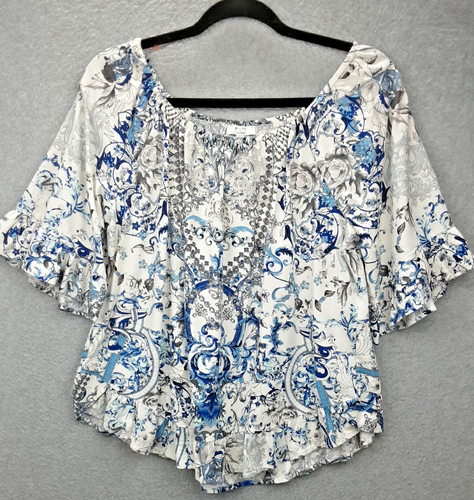 W Lane Size 12 White Blue Ruffled Sleeve And Hem Linen Blend Top | eBay ...