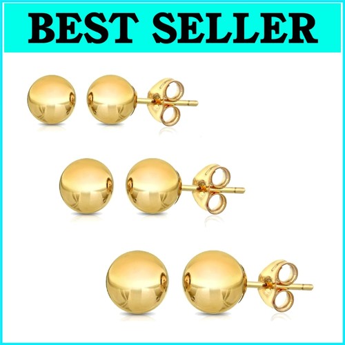 14K Solid Gold Ball Stud Earrings - 3-Pair Pack in 3 Sizes, Perfect for ...