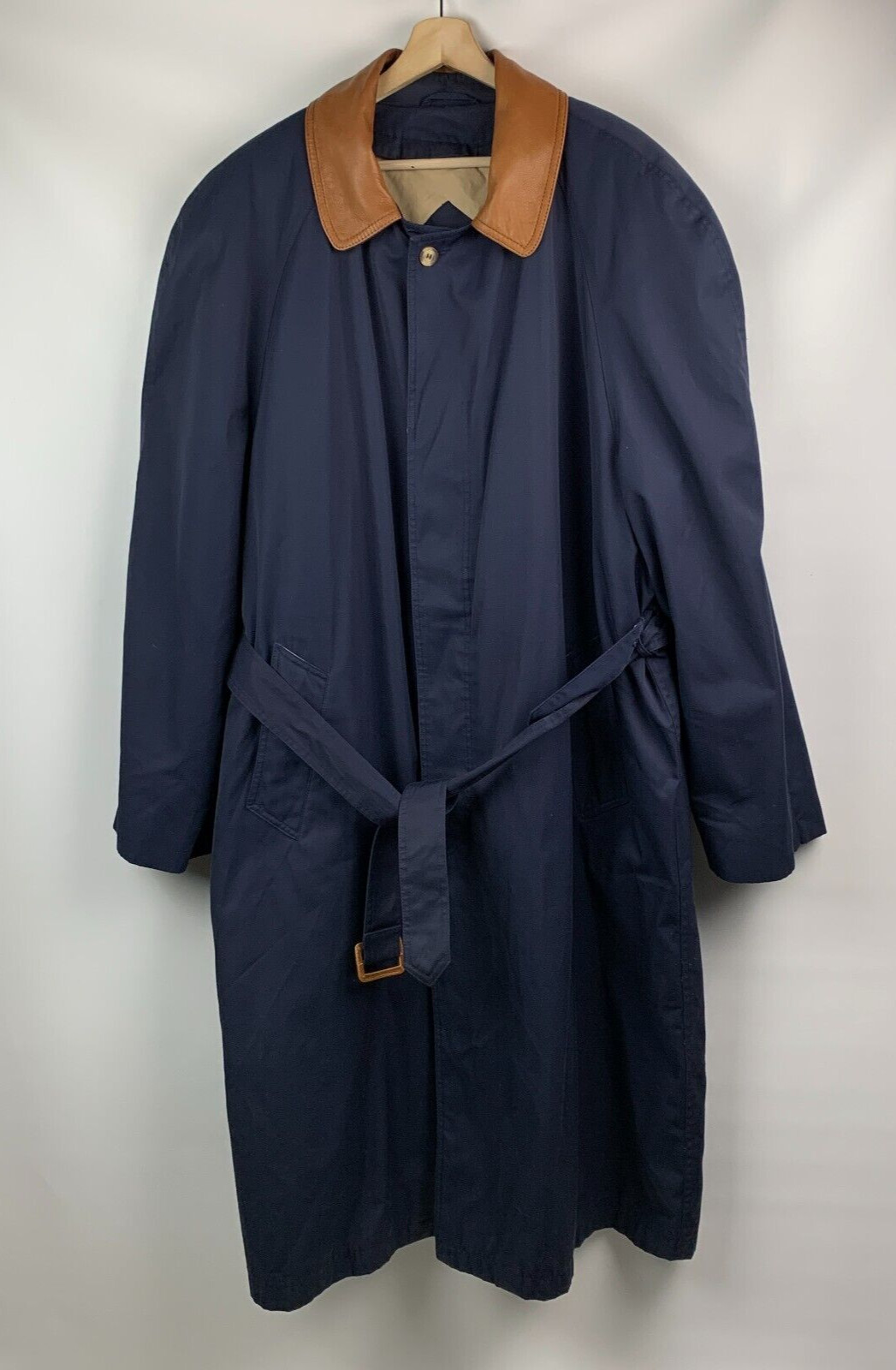 Gant Trench Coat Navy Blue Collared Brown Leather But… - Gem