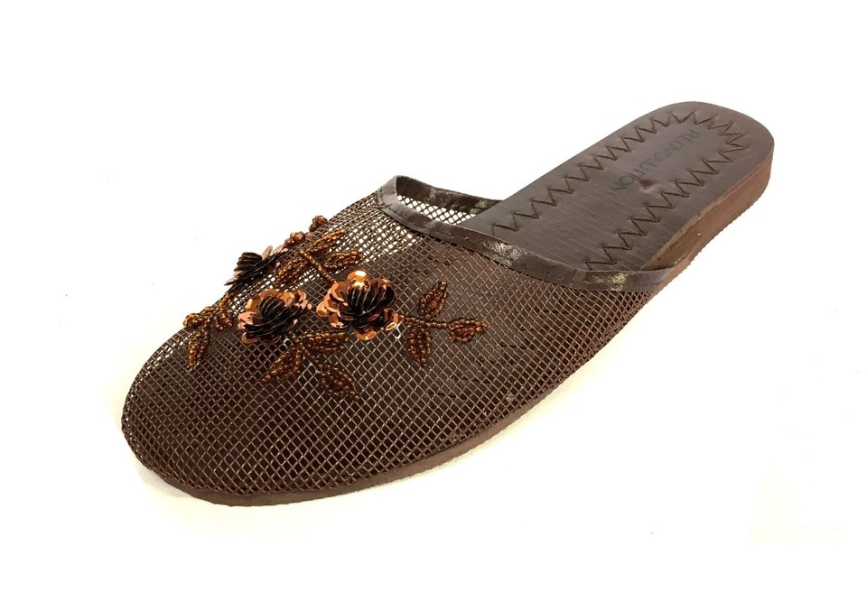 Women's Chinese Mesh Floral Beaded Sequined Slipper Flip Flop Sandals ...