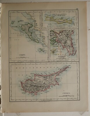 1892 VICTORIAN MAP - CORFU ATHENS GREECE CYPRUS CRETE CANADIA | eBay UK