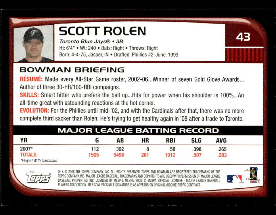 Scott Rolen 2008 Bowman Card #43 Toronto Blue Jays | eBay