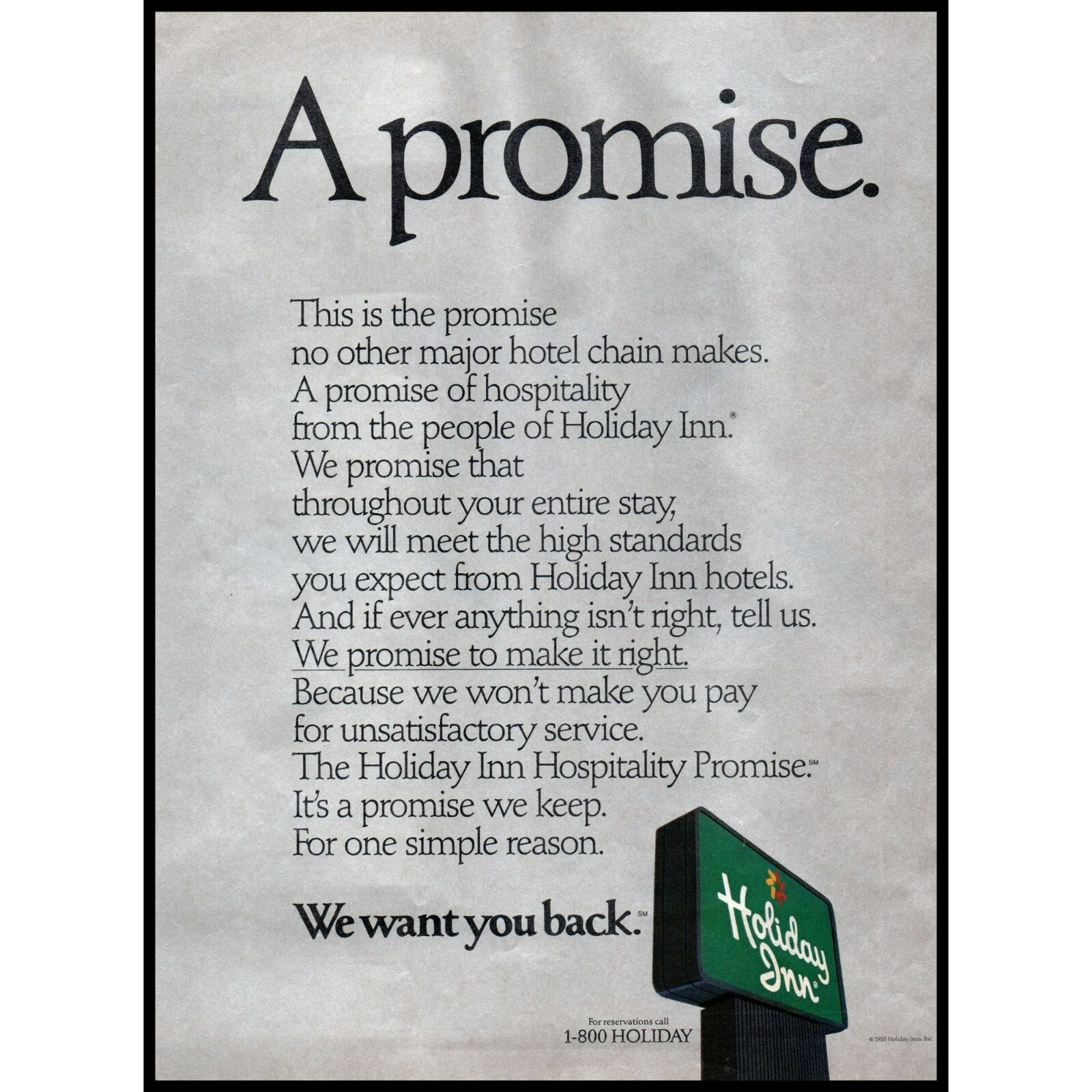 1986 Holiday Inn Promise 2 Page Vintage Print Ad Travel Vacation Staff ...