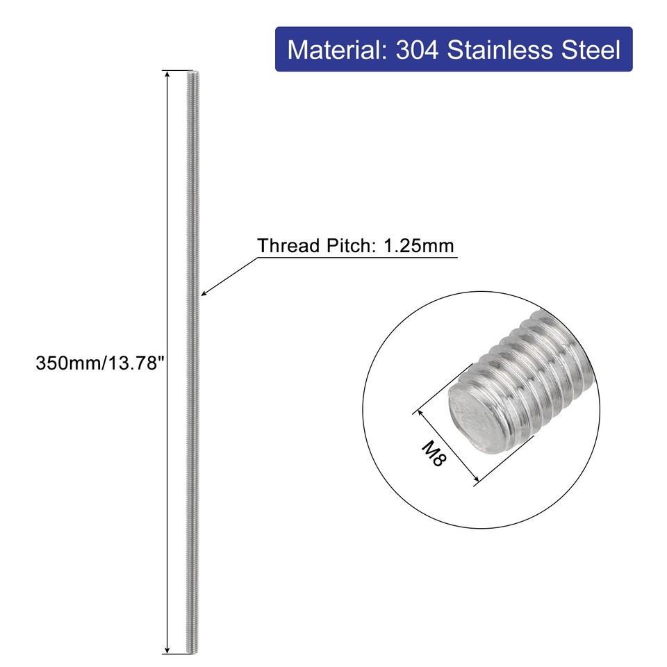 3Pcs M8 x 350mm 1.25mm Pitch 304 Stainless Steel Fully Threaded Rod Bar ...