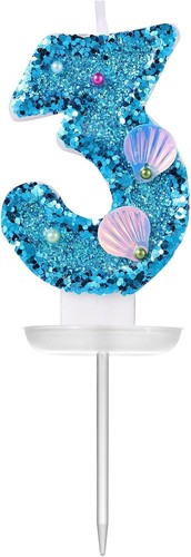 3 Inch Blue Glitter Number 3 Candle, Modern Starfish Theme, Birthday ...