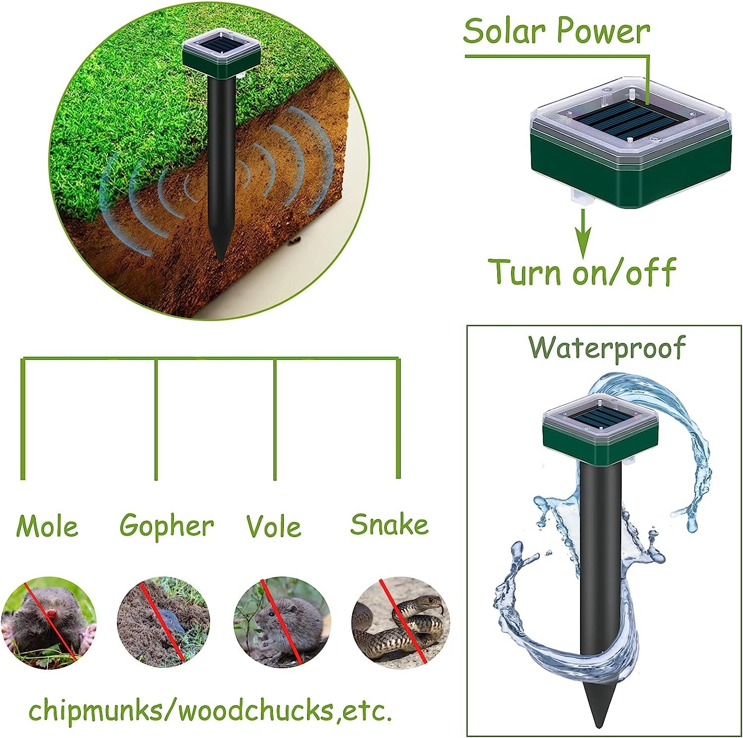 8 pack Solar Power Ultrasonic Repellent Mice Gopher Mole Pest Snake ...