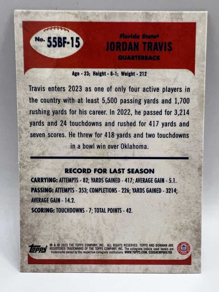2023 Bowman U Chrome Football Jordan Travis 1955 Throwback Florida ...