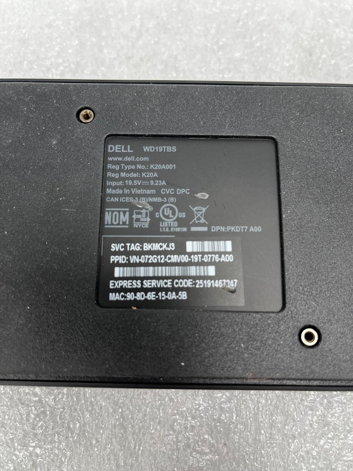 Dell WD19TBS Thunderbolt 3 USB-C DisplayPort Docking Station 180w Power ...