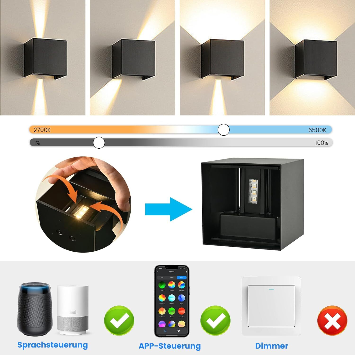 RGB LED Wall Light Indoor Smart Outdoor Lights Dimmable Wall Lamp Color ...