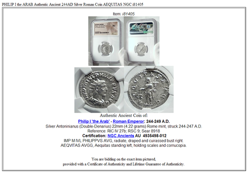 PHILIP I the ARAB Authentic Ancient 244AD Silver Roman Coin AEQUITAS ...