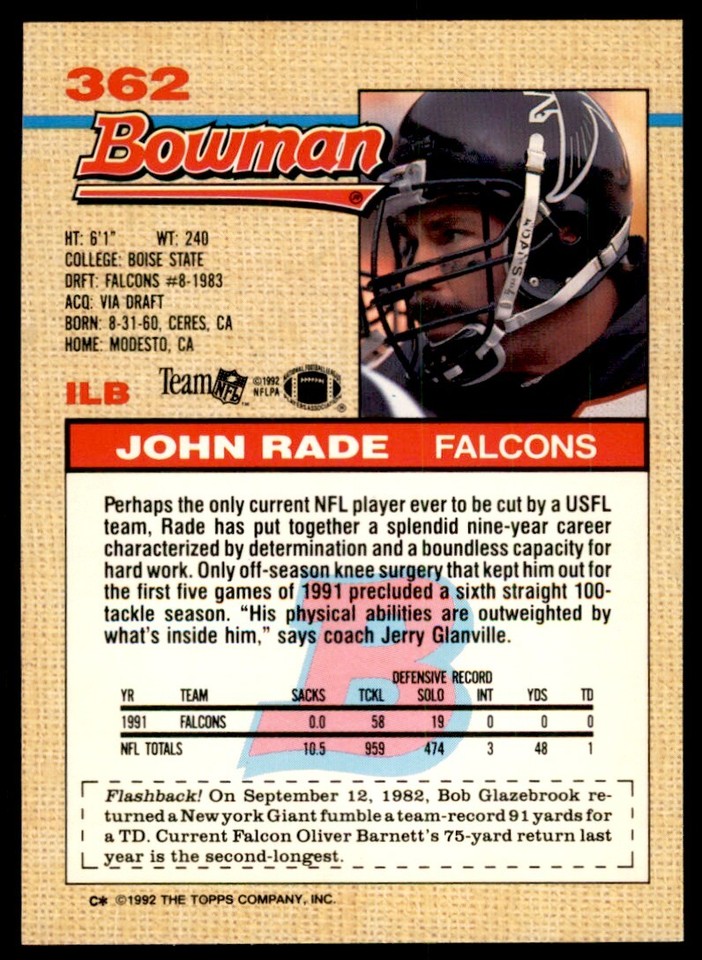 1992 BOWMAN JOHN RADE ATLANTA FALCONS #362 | eBay
