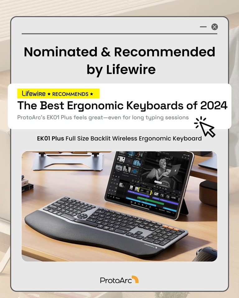 Backlit Bluetooth Ergonomic Keyboard, EK01 Plus Full Size Wireless ...