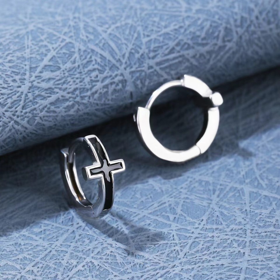 Mens Small Black Cross Huggie Hoop Earrings Surgical Steel Gothic Punk ...