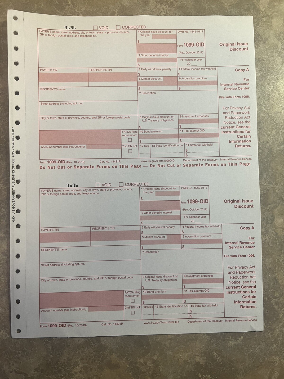 2021 IRS Tax Form 1099-OID single sheet set for 2 recipients, 1099 A ...