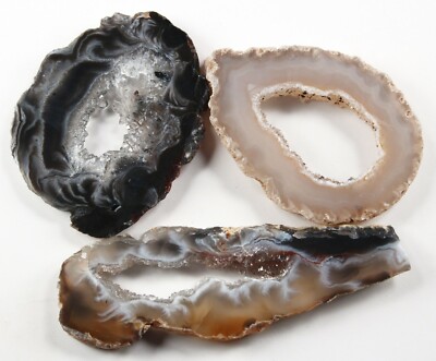 Three (3) Natural Agate Occo Crystal Druzy Geode Polished Slices Ocho ...