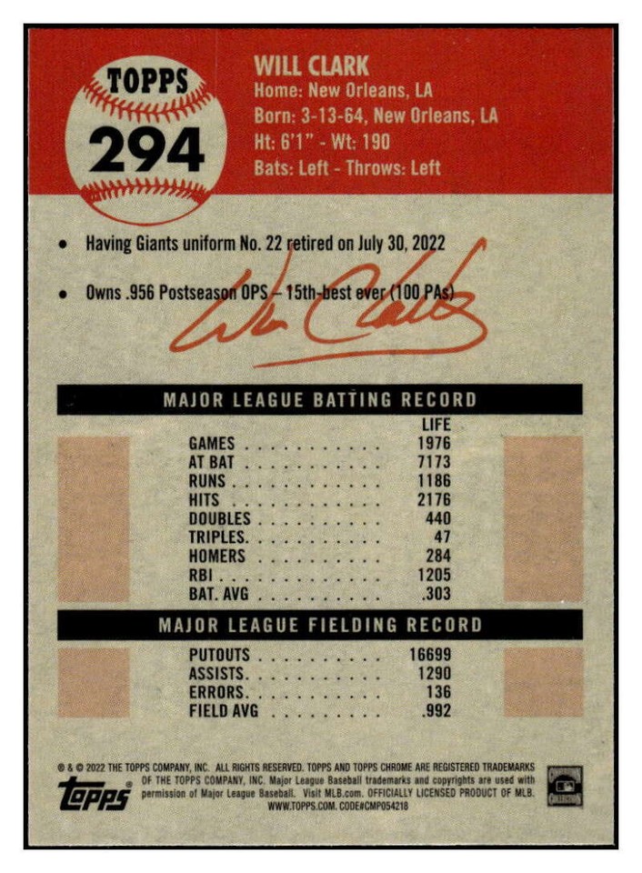 WILL CLARK 2022 Topps Chrome Platinum Anniversary #294 MLB Giants ID:75007 | eBay