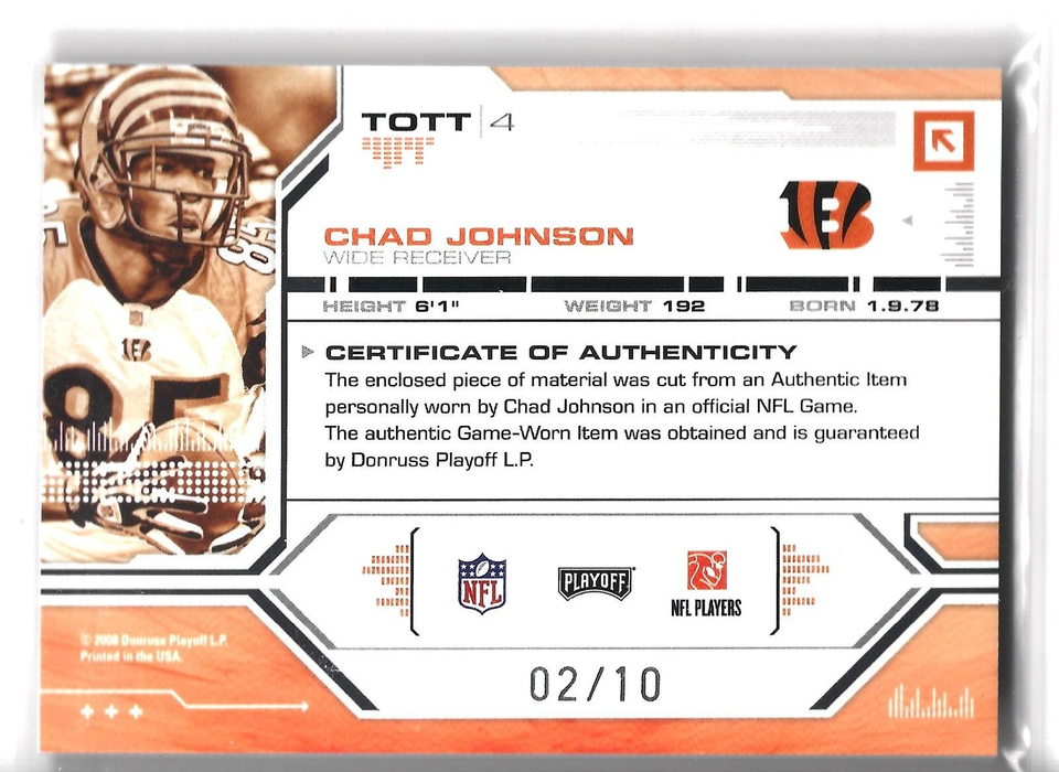 CHAD 'OCHO CINCO' JOHNSON 2008 Playoff Absolute TOTT Jumbo Patch Relic ...