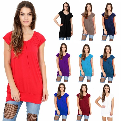 Womans Low Cut Plain Hip Long Line Top Gathering T Shirt Tunic UK Plus ...