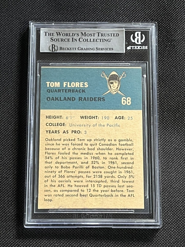 TOM FLORES 1962 FLEER SIGNED AUTOGRAPHED CARD #68 RAIDERS BECKETT BAS ...