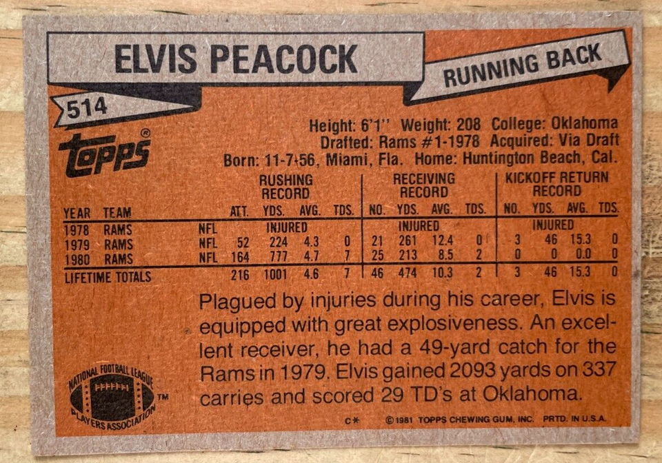1981 TOPPS ELVIS PEACOCK ROOKIE CARD#514 OKLAHOMA SOONERS LOS ANGELES ...