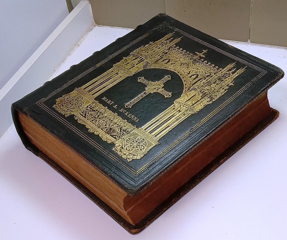 LARGE FULL LEATHER FAMILY CATHOLIC DOUAY VULGATE BIBLE; CA 1870, BRITE ...