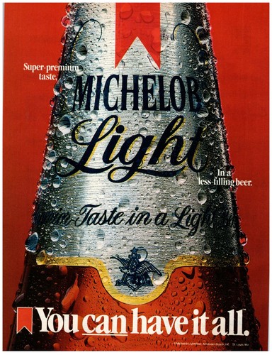 1985 Michelob Light Beer Print Ad, Close Up Cold Wet Label Super ...