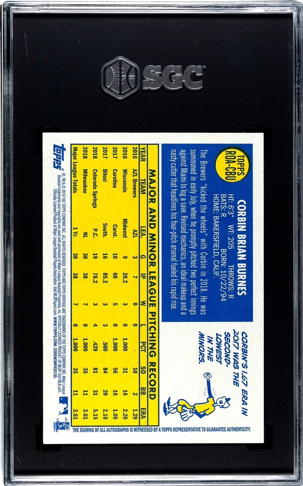 2019 Topps Heritage CORBIN BURNES Real One Autograph Rookie SGC 10/10 ...