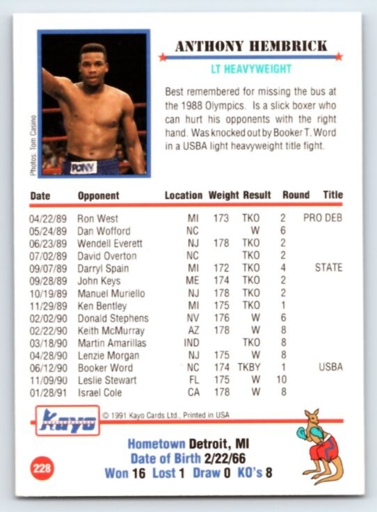 ANTHONY HEMBRICK LT HEAVYWEIGHT BOXER Kayo Boxing Trading Card 1991 ...