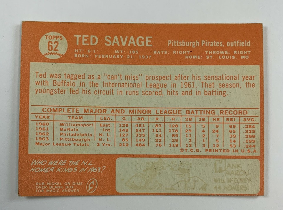 1964 Topps Baseball #62 Ted Savage (Pirates) LB8 | eBay